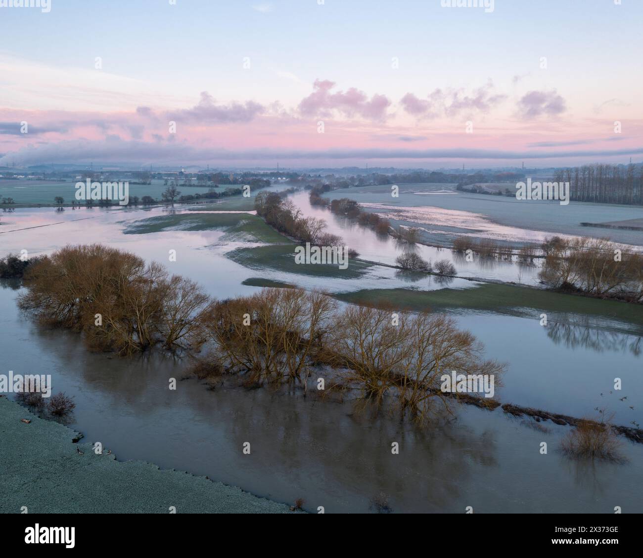 River Thames before dawn in flood passing close to Long Wittenham Stock ...