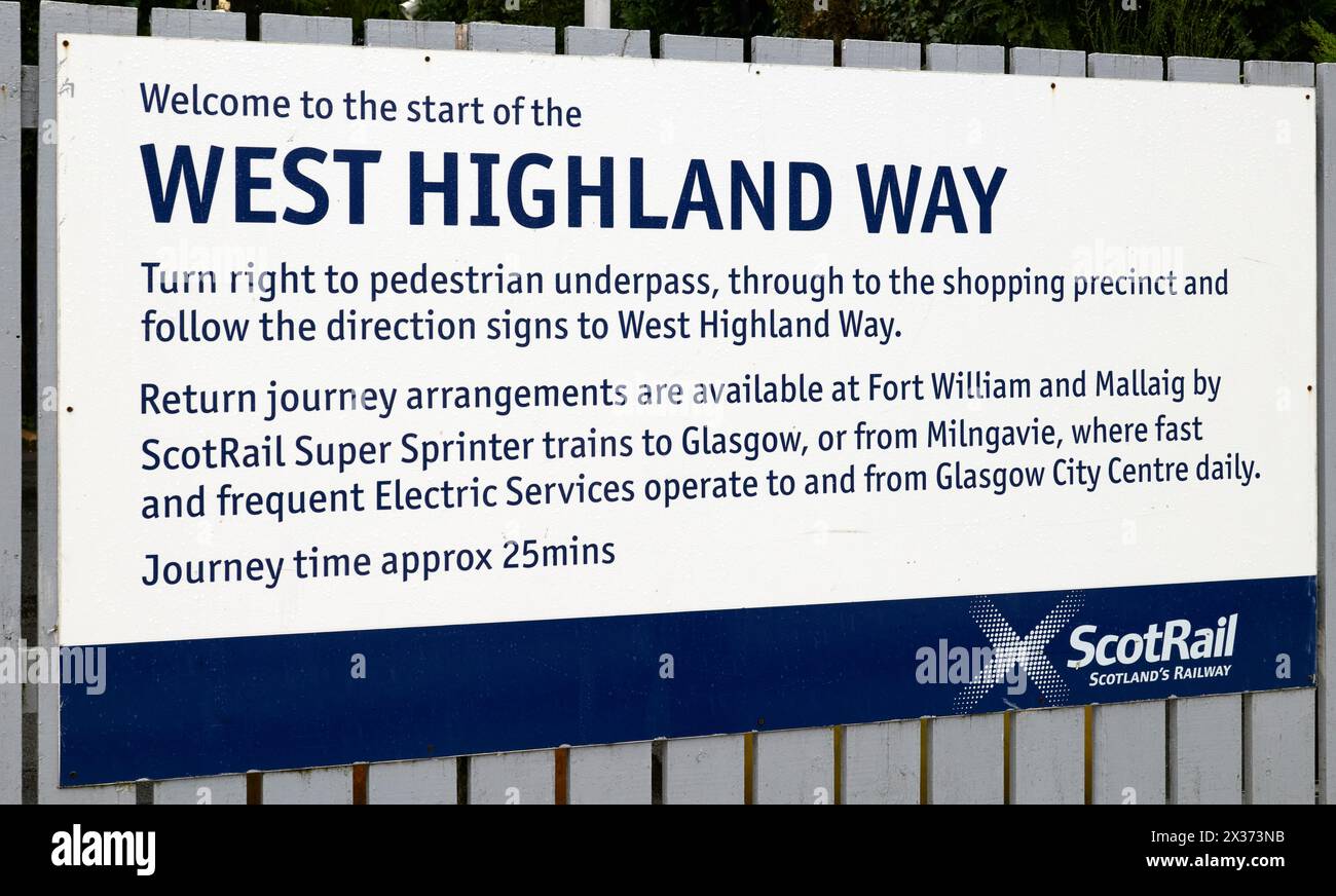 Scotrail sign outside Milngavie station directing hikers to the start ...