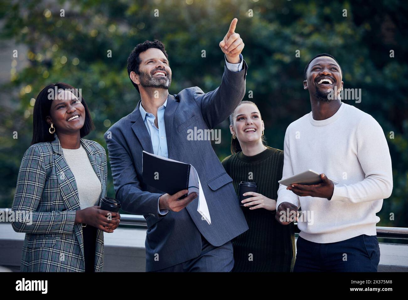 Business people, point and balcony with meeting, discussion and smile ...