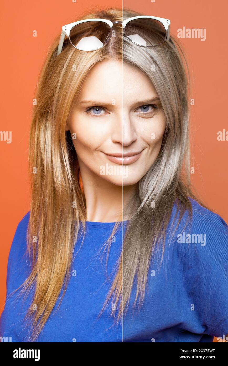 Woman, before and after or versus for portrait in studio to compare ...