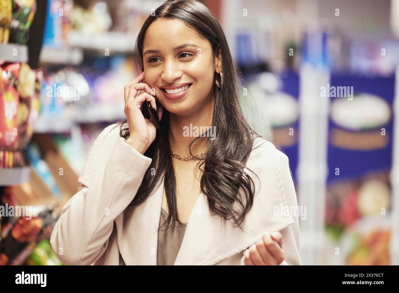 Happy, woman and grocery shopping with smartphone for communication of ...