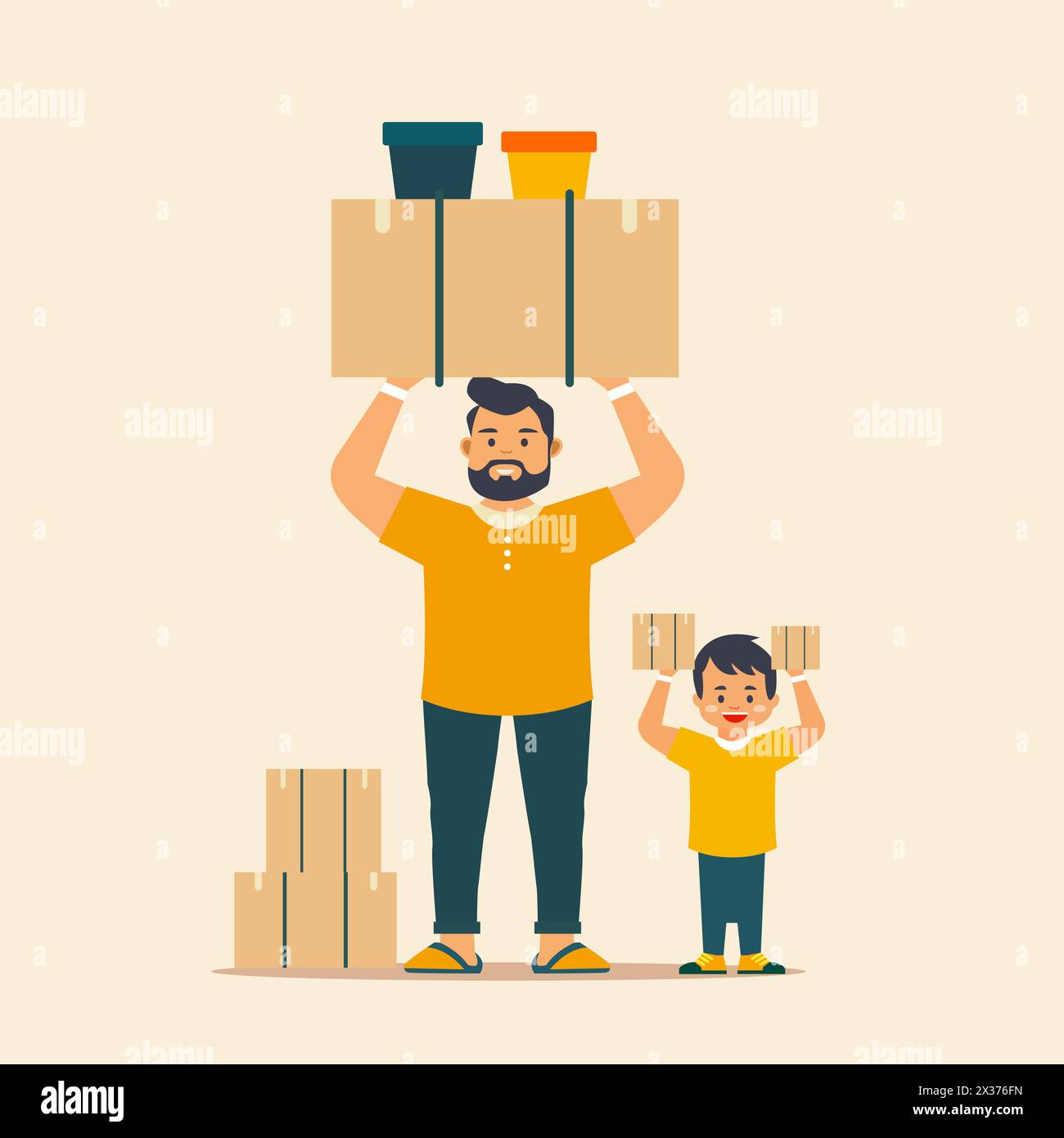 Father Day with Character of Dad and Son Lifting Weights Symbolizing ...