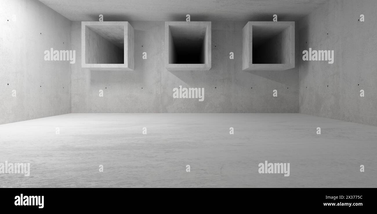 Abstract large, empty, modern concrete room with three open concrete ...