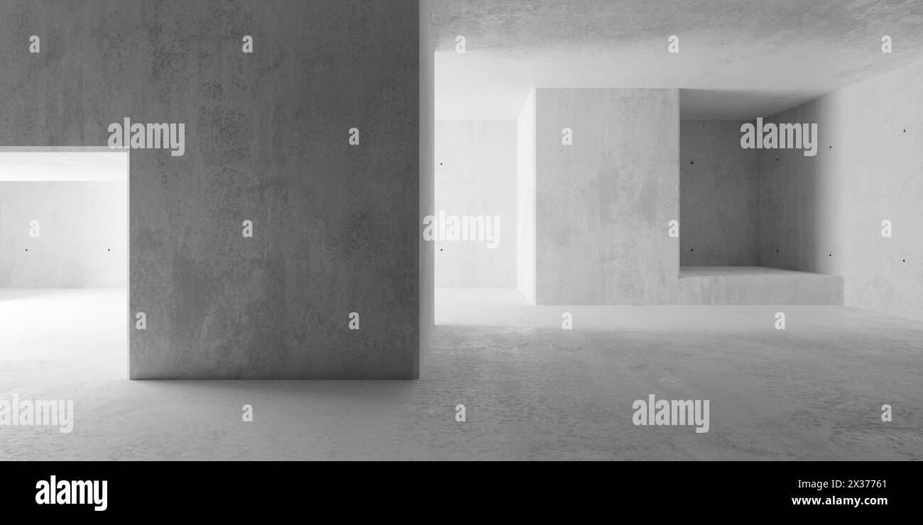 Abstract large, empty, modern concrete room with angled divider walls ...