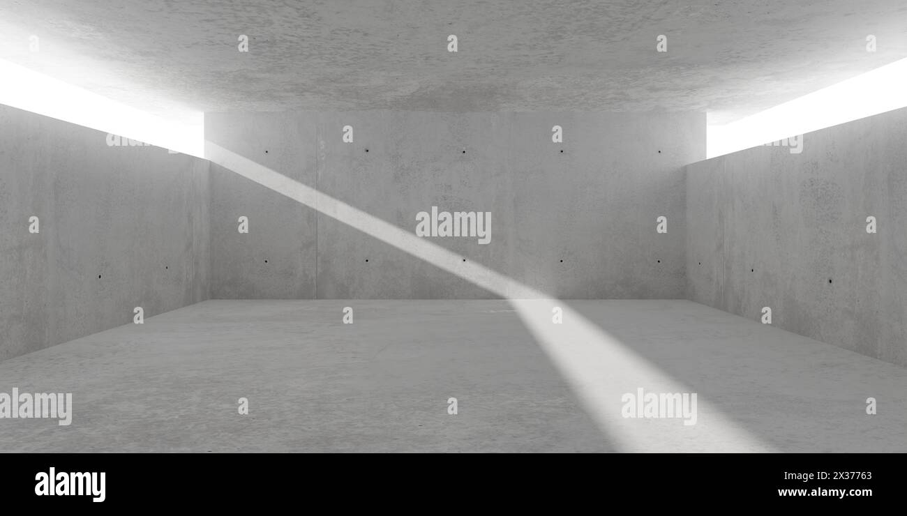 Abstract large, empty, modern concrete room with sunlight from wall ...