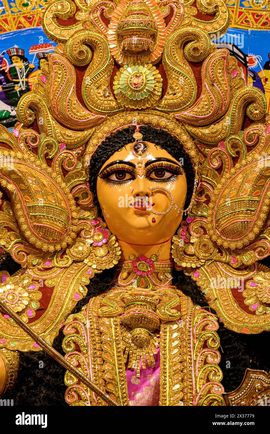 Idol of Goddess Devi Durga at a decorated puja pandal in Kolkata, West Bengal, India. Durga Puja ...