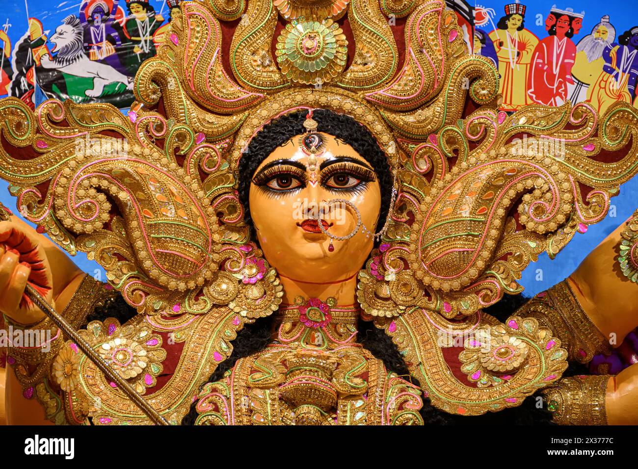 Idol of Goddess Devi Durga at a decorated puja pandal in Kolkata, West ...