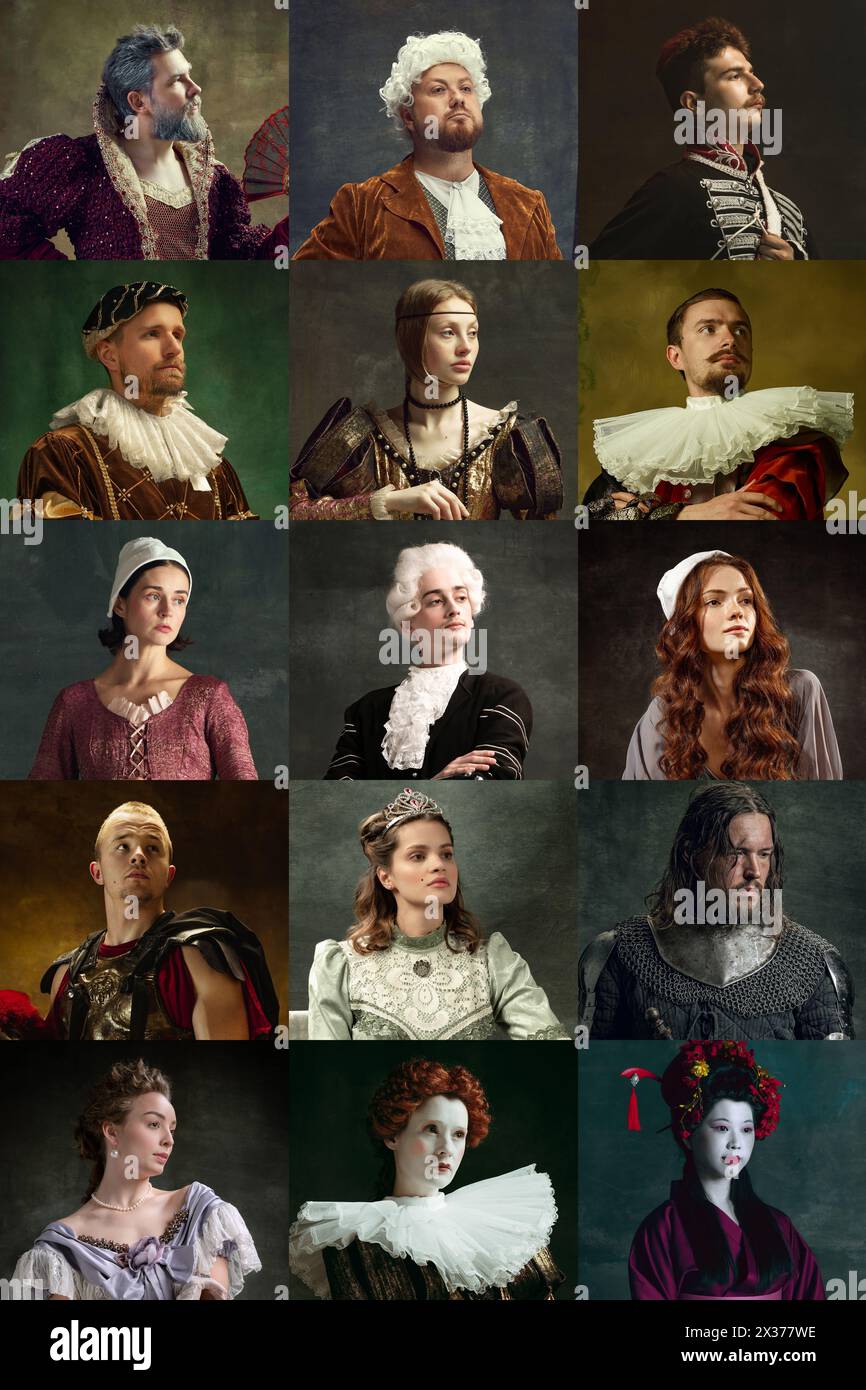 Middle ages history. Portrait of men and women, royal people in period ...