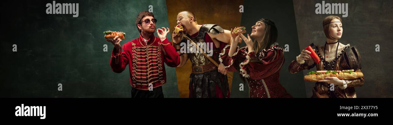 Medieval people, royal persons, warriors eating delicious burgers and ...