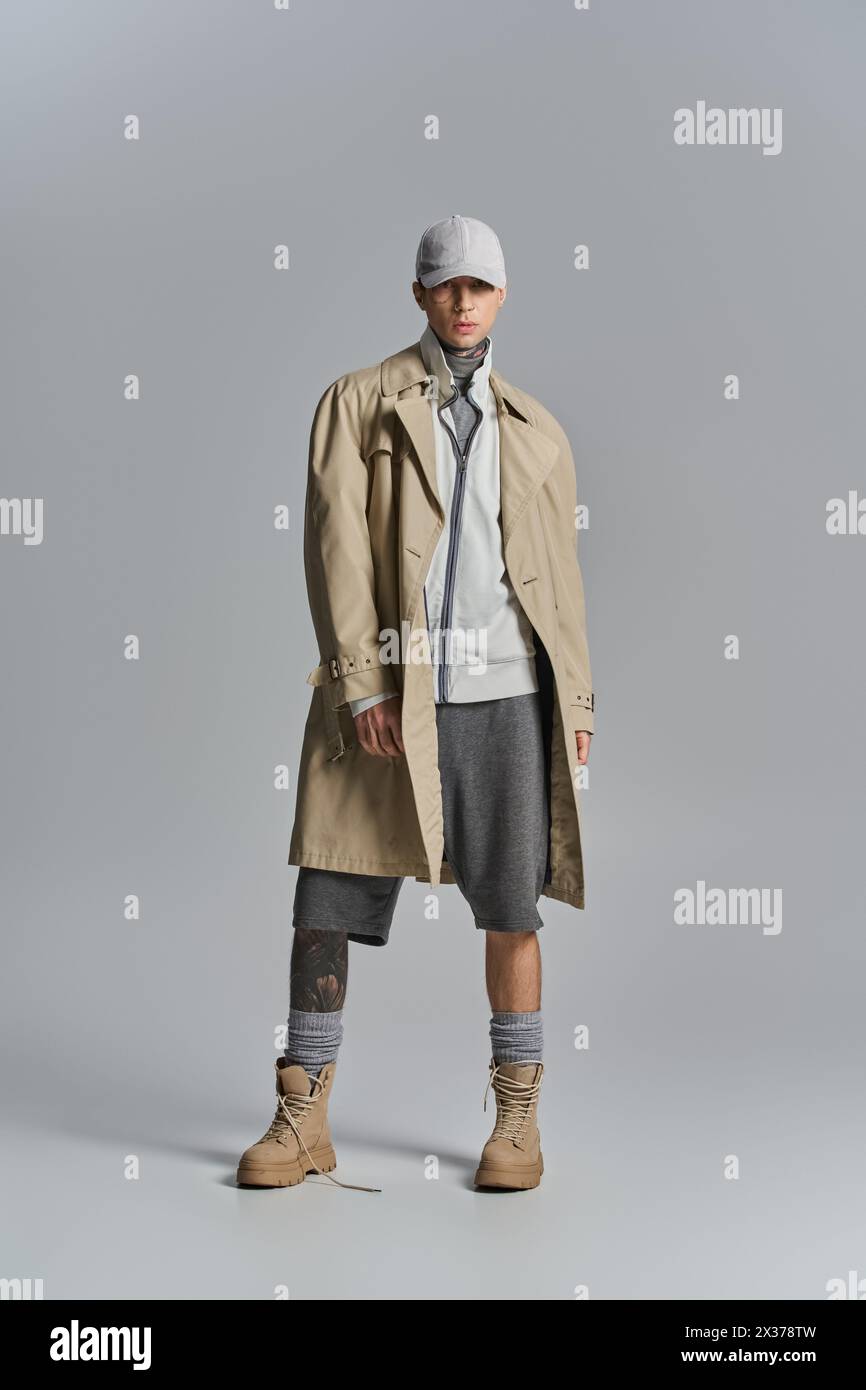 A young, tattooed man strikes a mysterious pose in a trench coat and ...