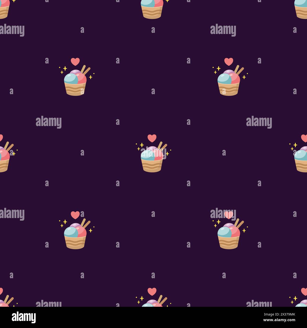 Ice cream in waffle cup seamless pattern. Fast food illustration in ...