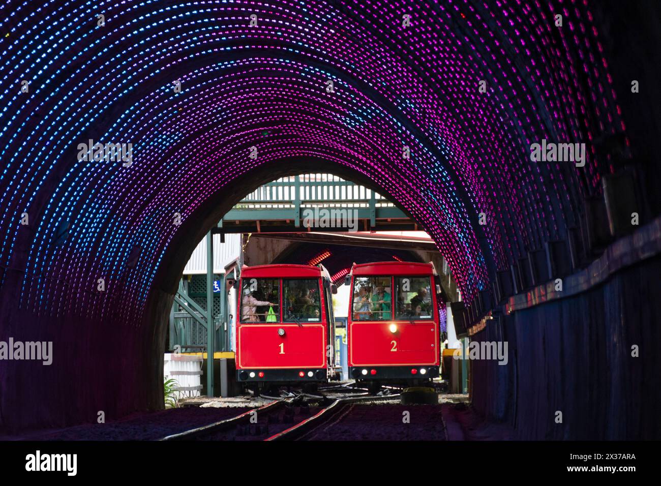 Cable Cars and illuminated tunnel, Wellington, North Island, New ...