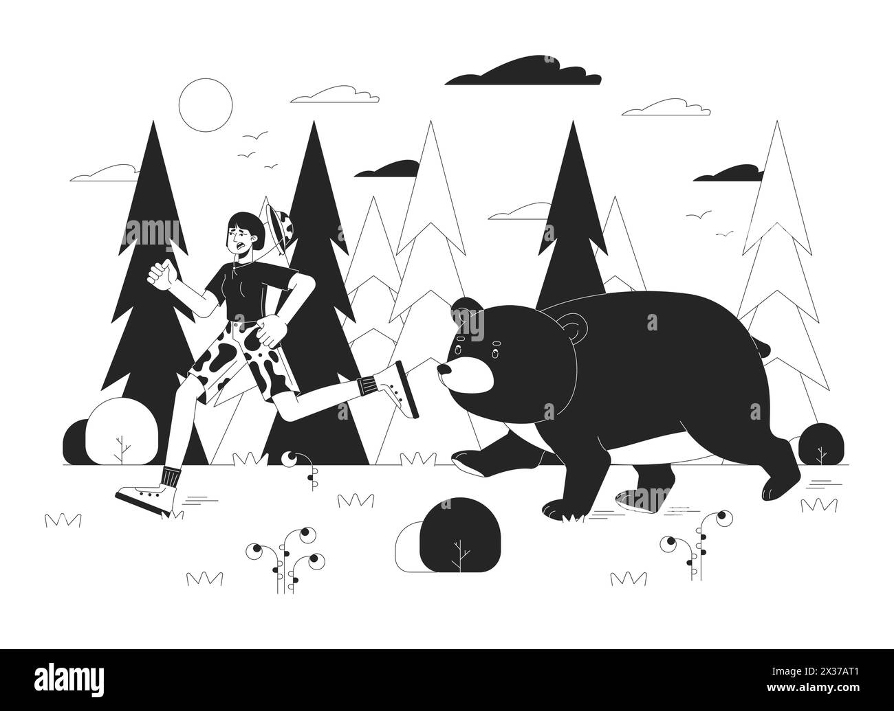 Wild animal encounter black and white cartoon flat illustration Stock ...