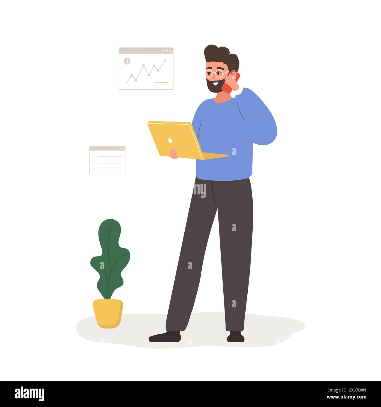 Male entrepreneur. Successful man talking on phone and holding laptop ...