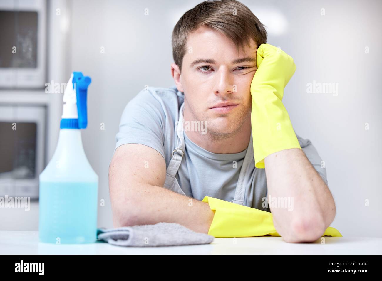 Gloves, bored and spray bottle for male cleaner, hands and safety for ...