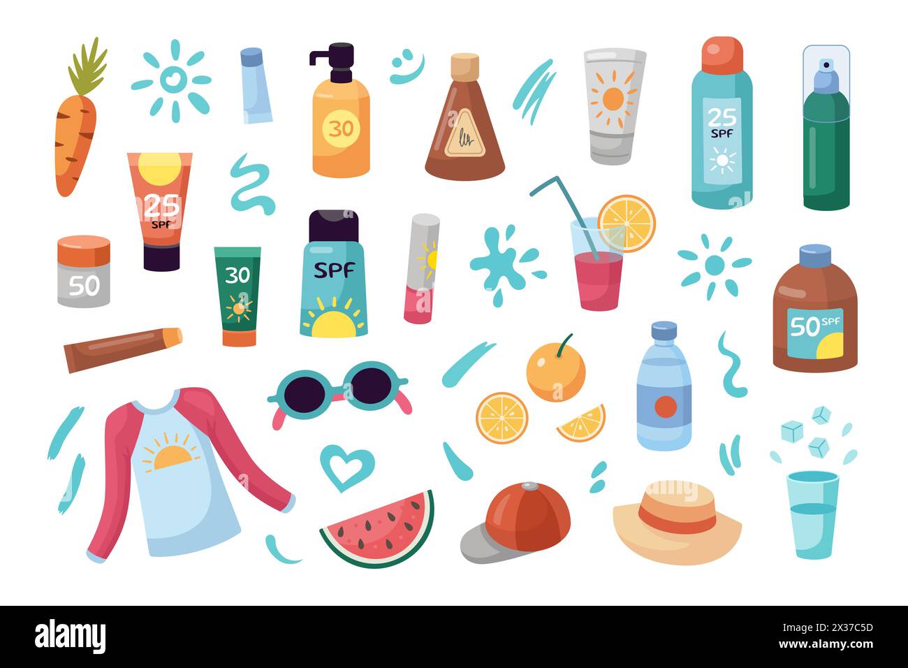 Sun protection tips set. Sunscreen bottles, jars. Strokes of sunscreen ...