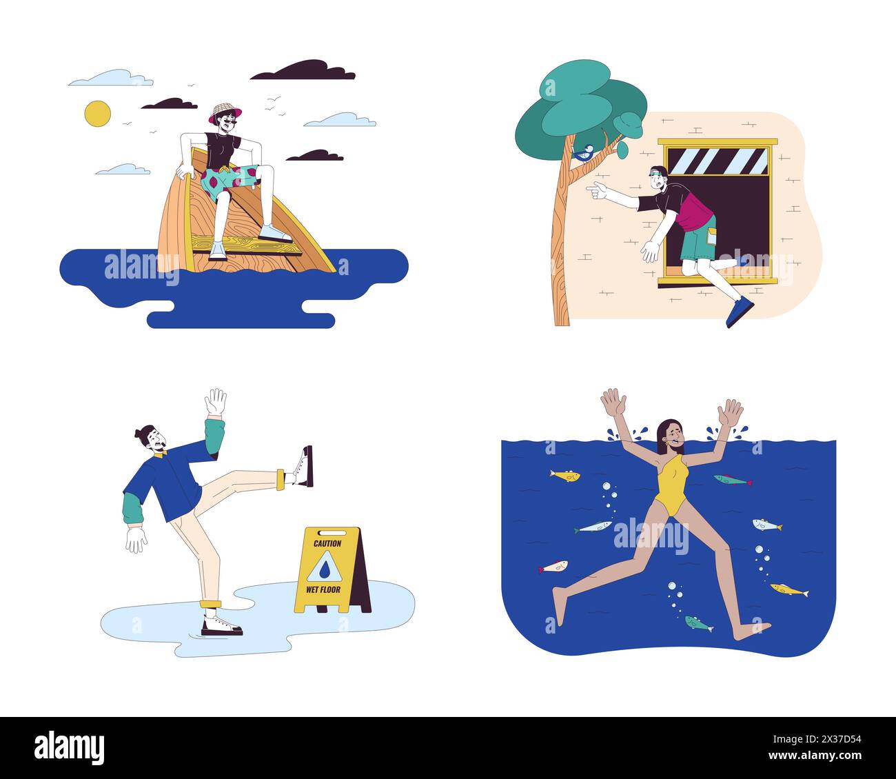 Multiracial people in dangerous situations line cartoon flat ...