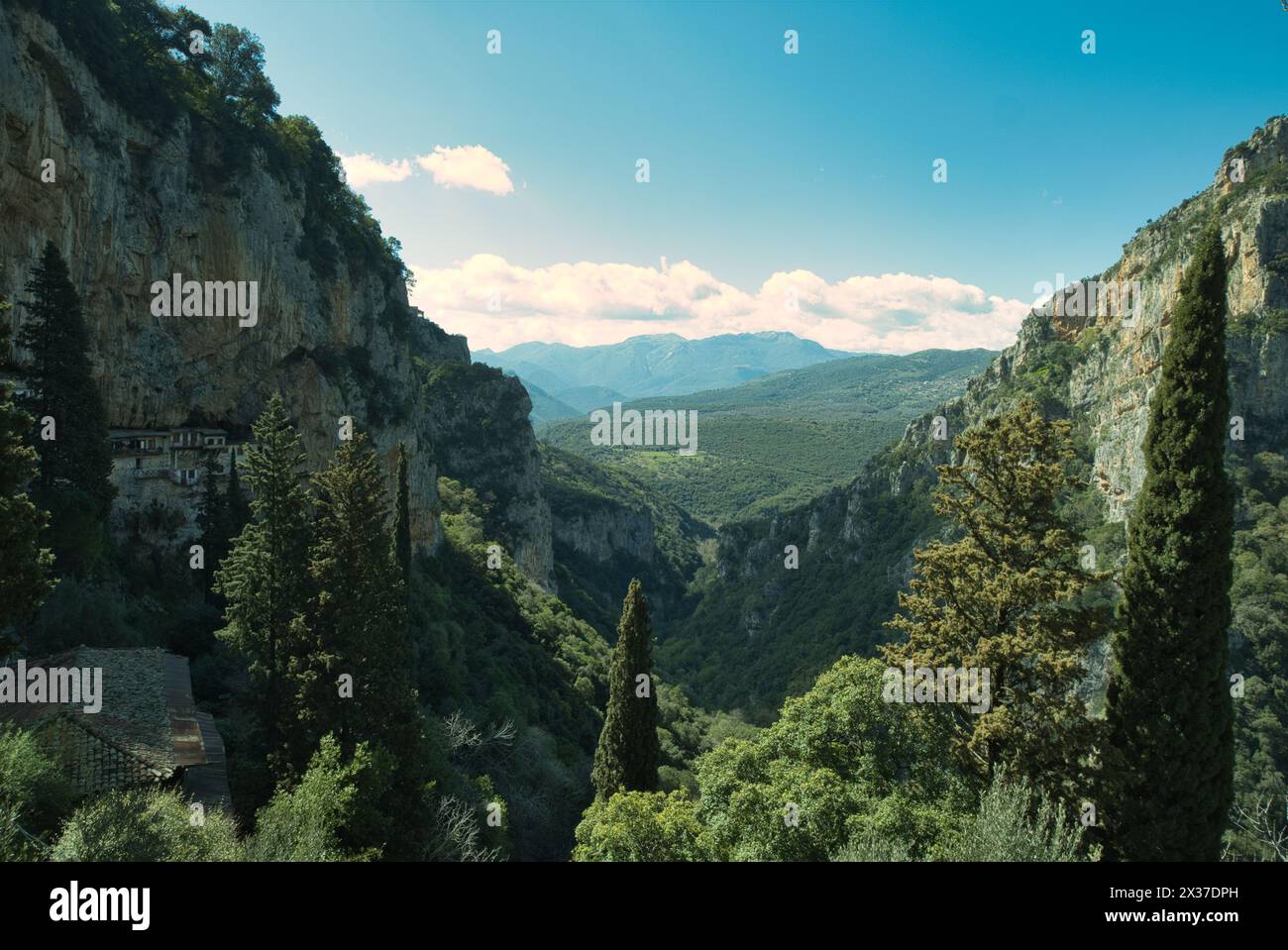 View of Lousios Gorge with the Monastery of St John the Baptist to the ...