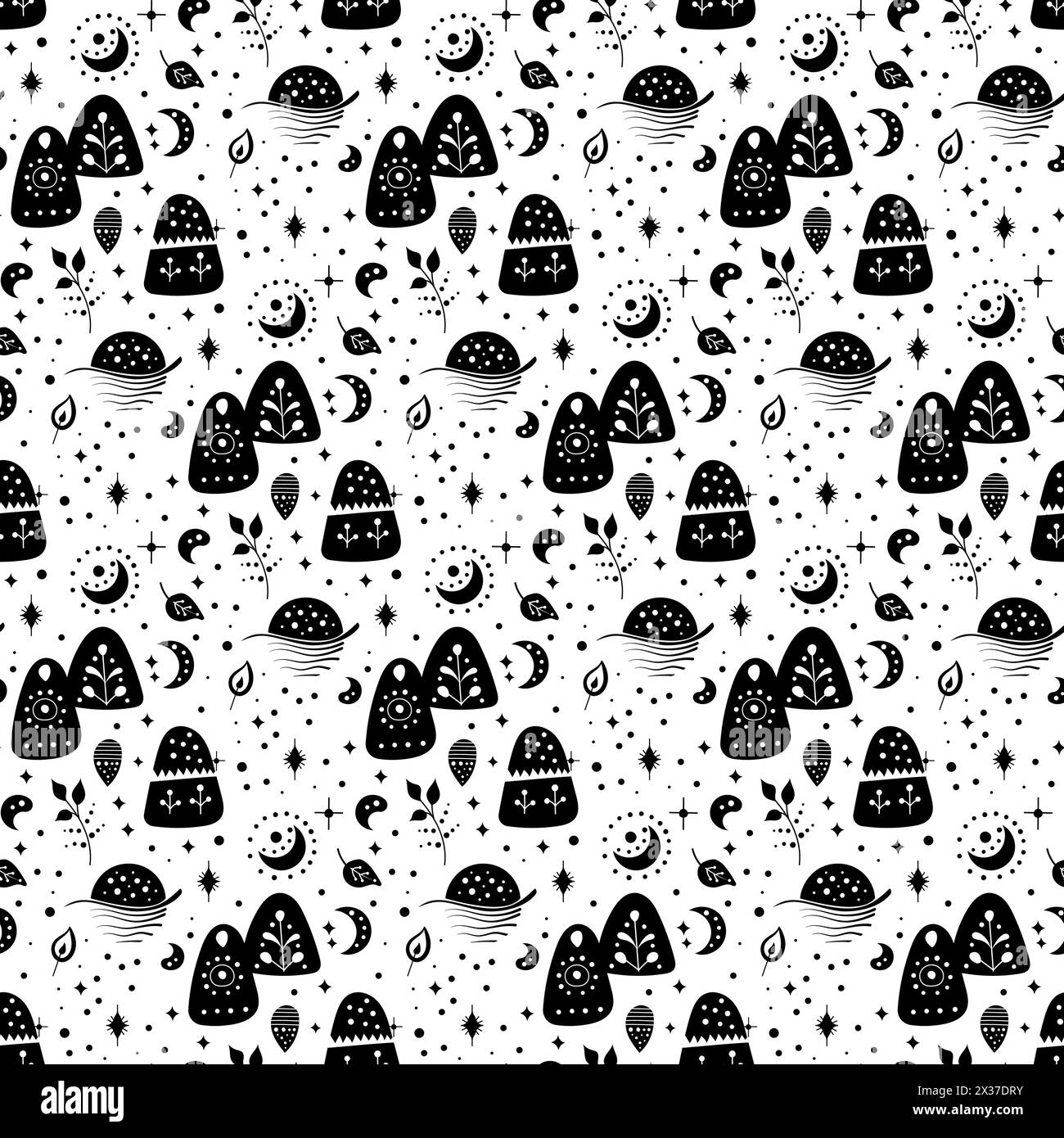 Seamless neo folk art vector pattern with mountains, moon and flowers ...