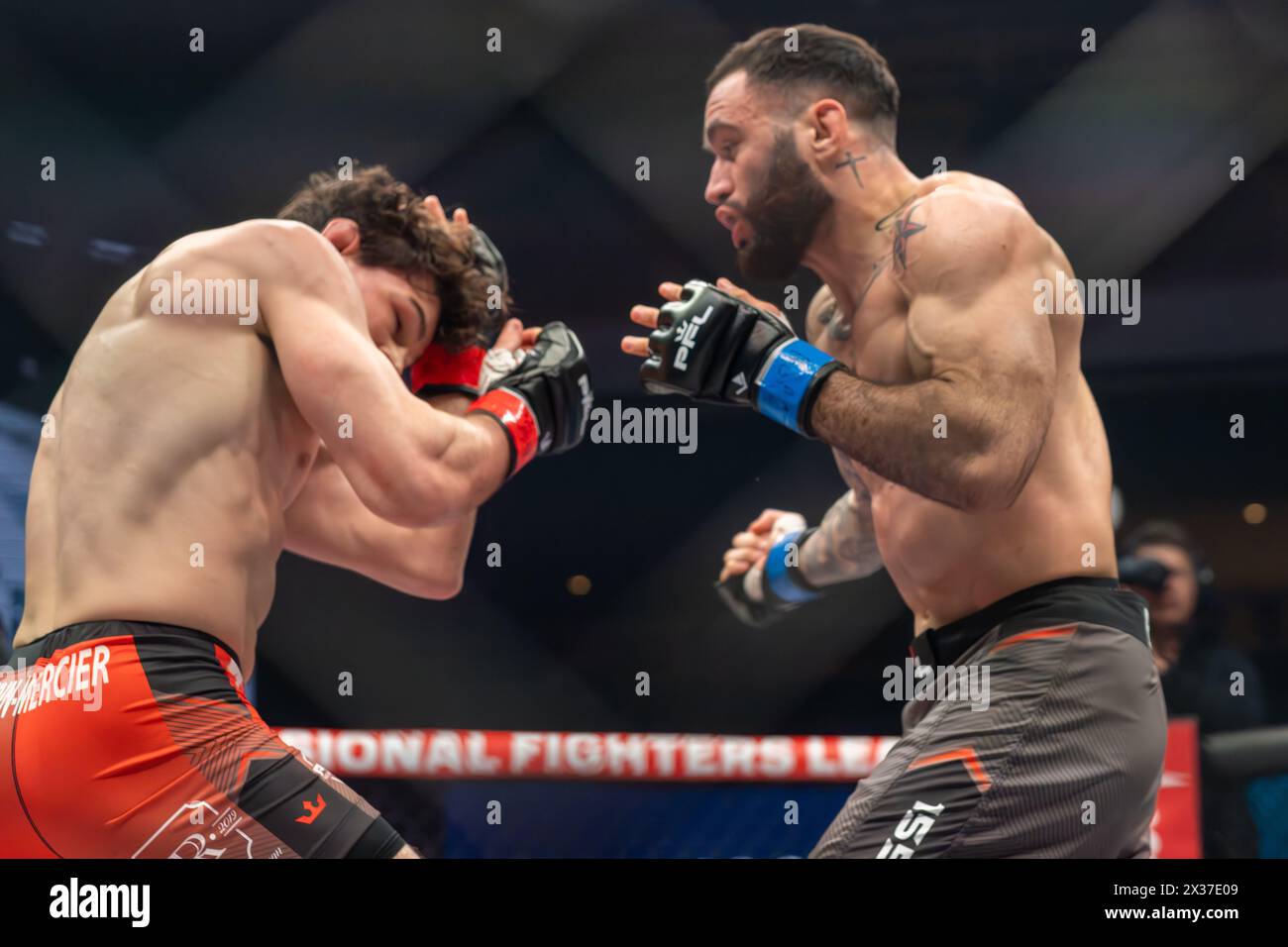 PFL Lightweight Olivier Aubin-Mercier blocks a punch from Shane Burgos during PFL 2023 Regular ...