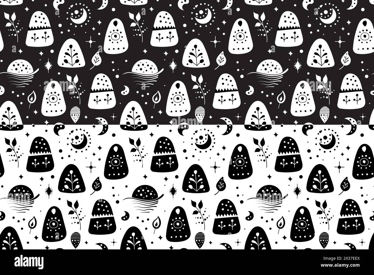 Seamless neo folk art vector pattern with mountains, moon and flowers ...