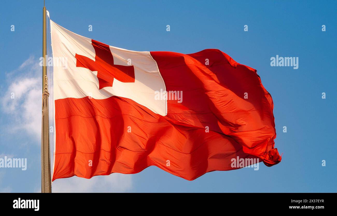 Die Fahne von Tonga, Pazifikinselstaat, flattert im Wind, isoliert ...