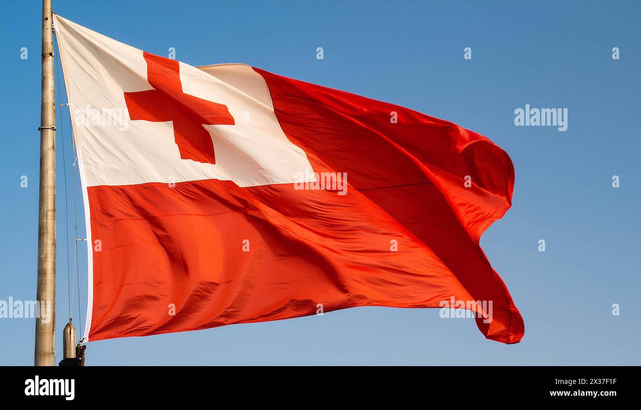 Die Fahne von Tonga, Pazifikinselstaat, flattert im Wind, isoliert ...
