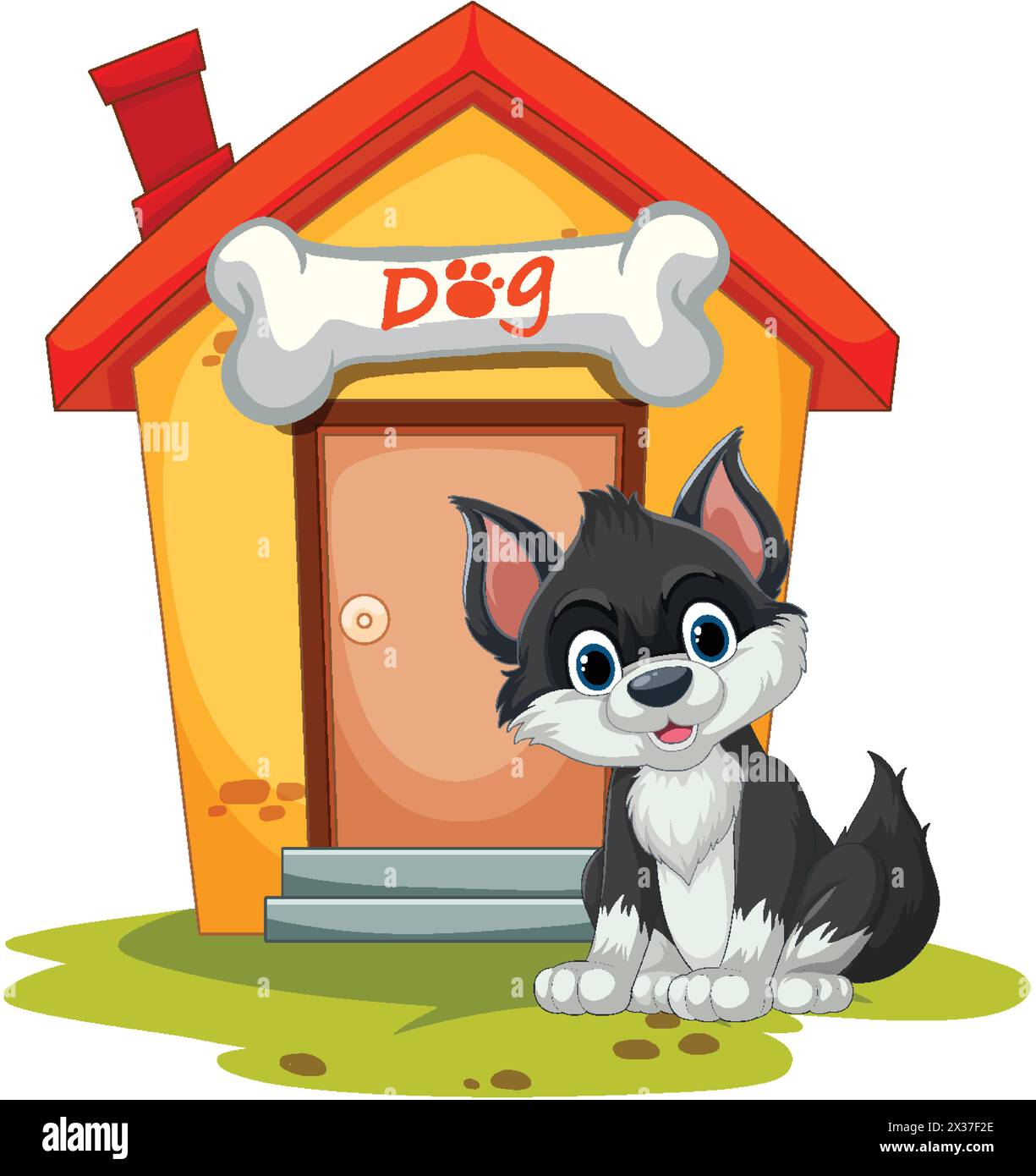 Cute animated puppy sitting by its colorful house Stock Vector Image ...