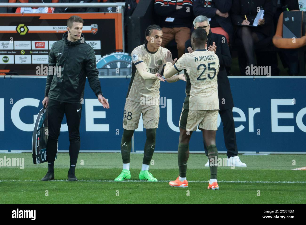 Lorient, France. 24th Apr, 2024. Ethan Mbappe of PSG is replacing Nuno ...