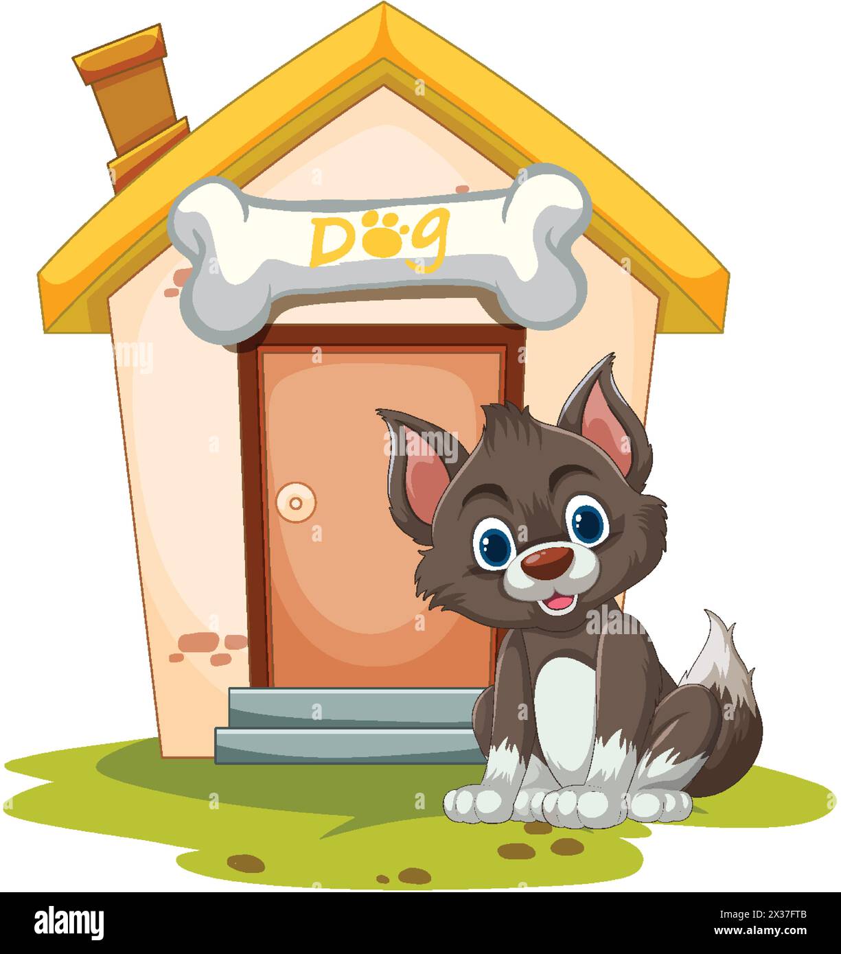 Cheerful cartoon puppy sitting by its doghouse Stock Vector Image & Art ...