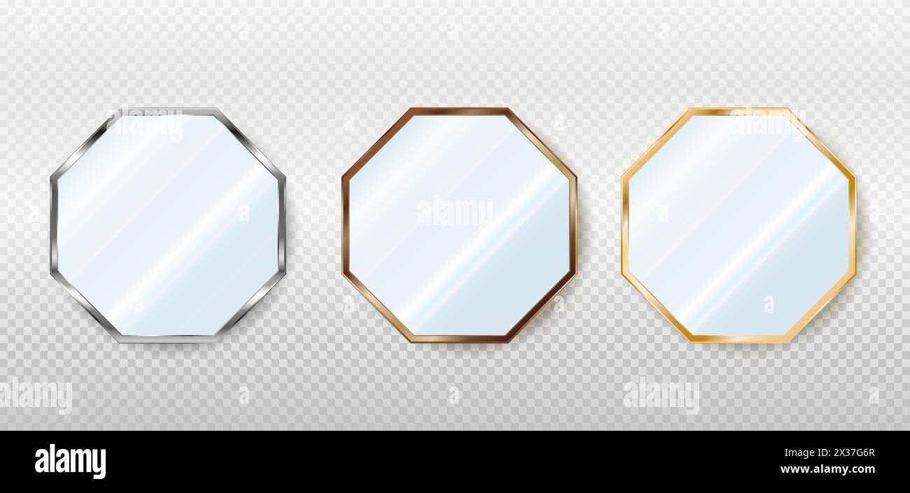 Realistic octagonal mirrors in metal, bronze and gold frames ...