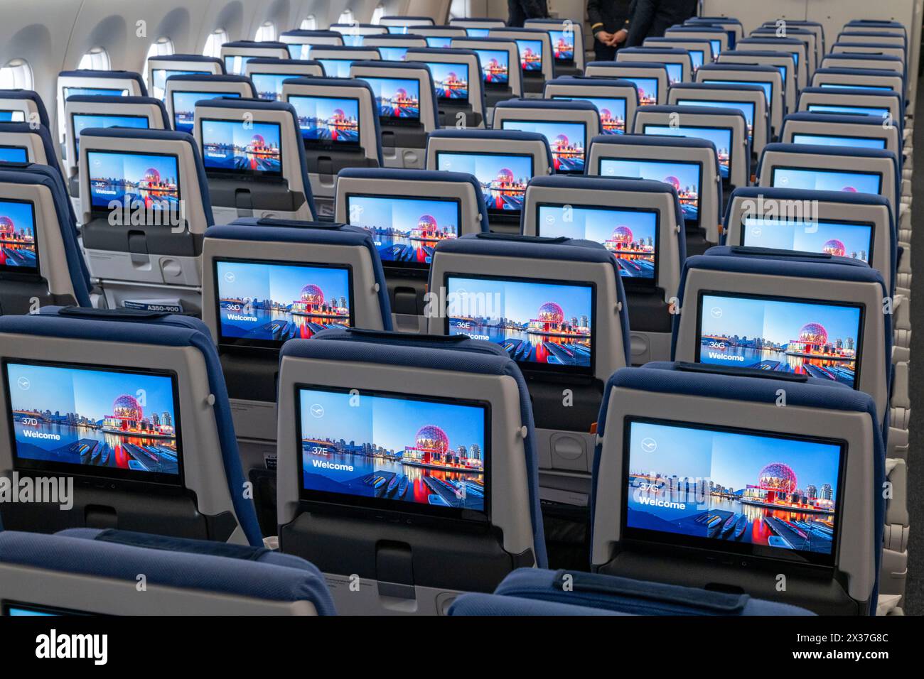 Munich, Germany. 25th Apr, 2024. Economy Class seats with their screens ...