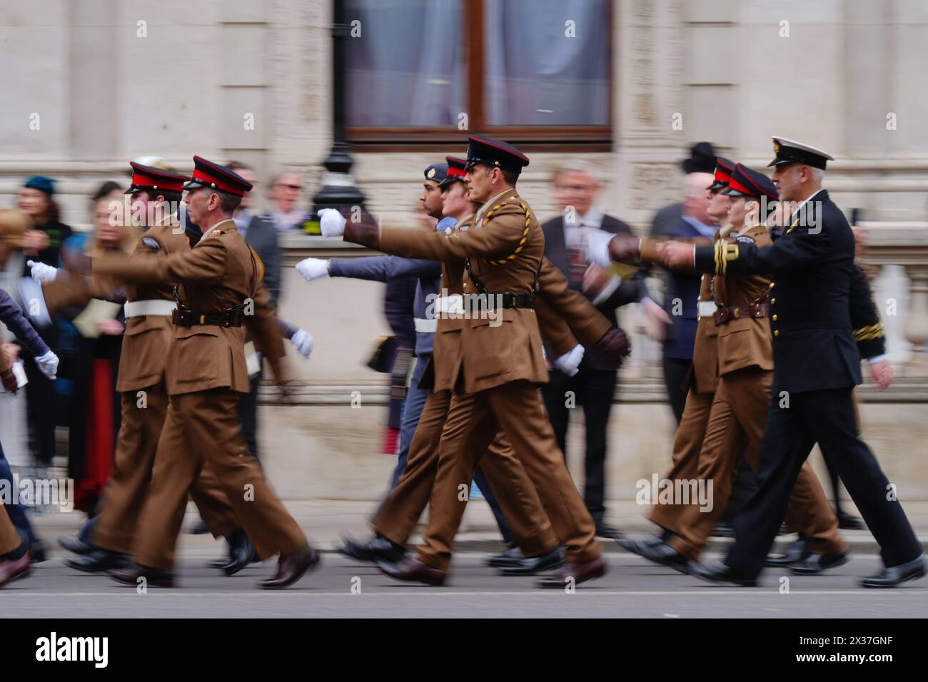 A military parade at the wreath laying ceremony commemorating Anzac Day ...
