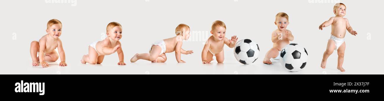 Unstoppable curiosity. Collage. Little baby girl, adorable active child ...