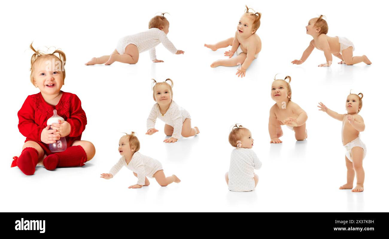 Little baby girl, child in motion, sitting, walking, playing isolated ...