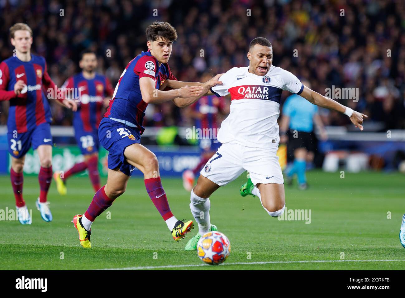 Barcelona, Spain. 16th Apr, 2024. Cubarsi (L) and Mbappe (R) in action ...