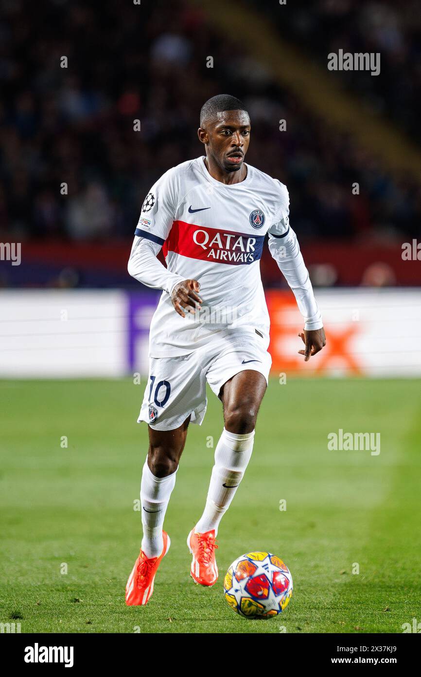 Barcelona, Spain. 16th Apr, 2024. Dembele in action during the Uefa ...