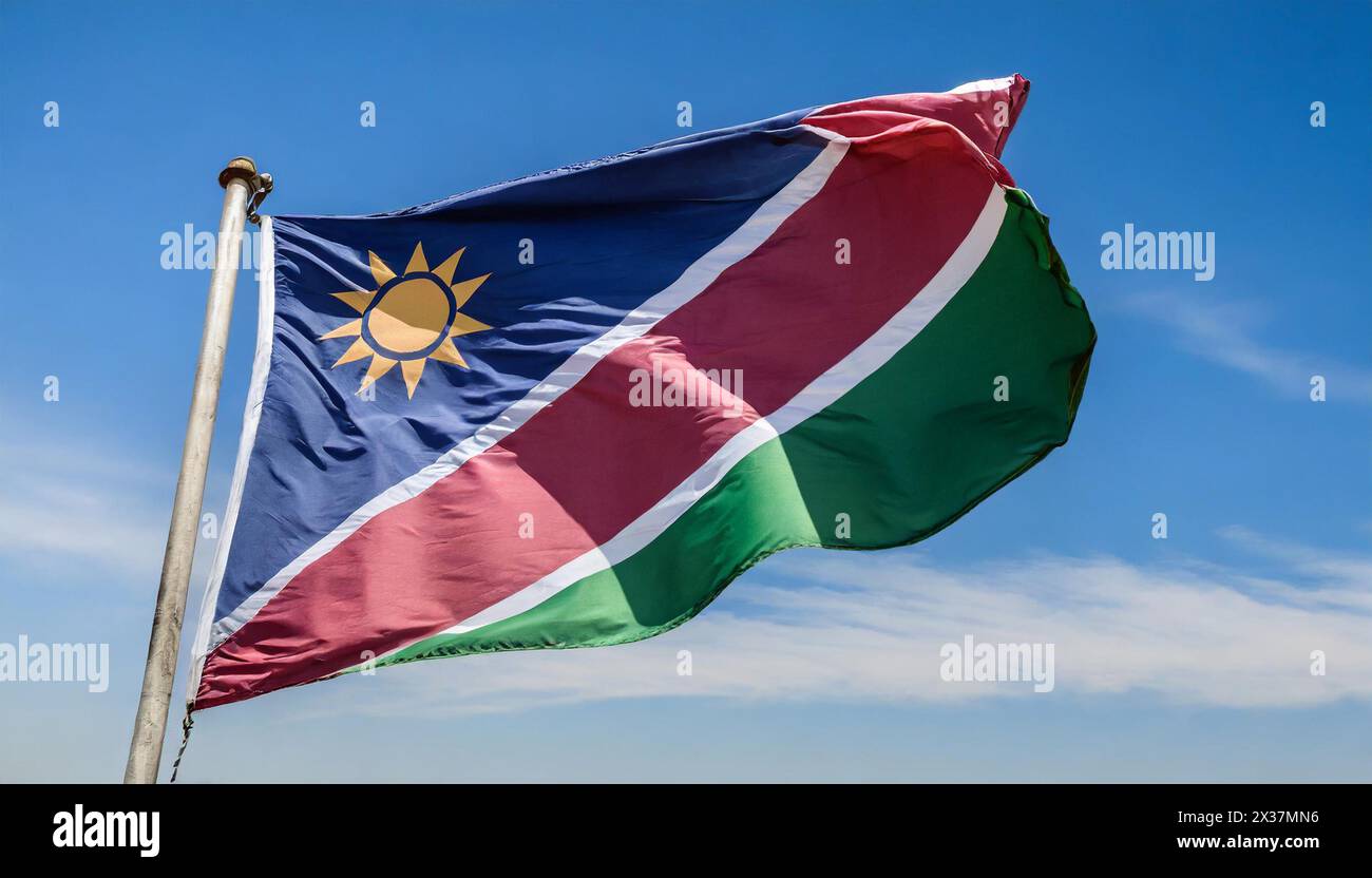 Fahnen, die Nationalfahne von Namibia flattert im Wind Stock Photo - Alamy
