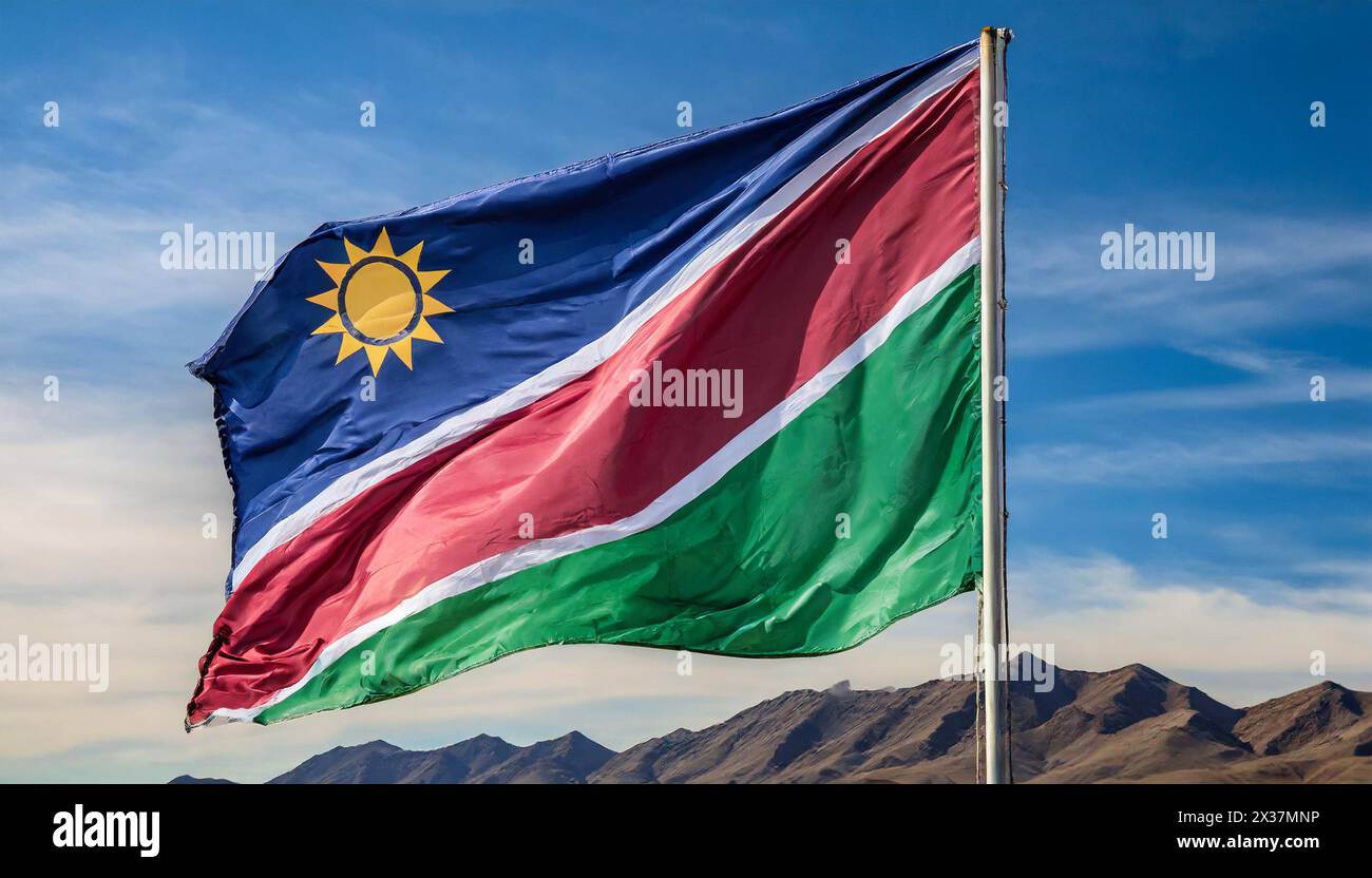 Fahnen, die Nationalfahne von Namibia flattert im Wind Stock Photo - Alamy