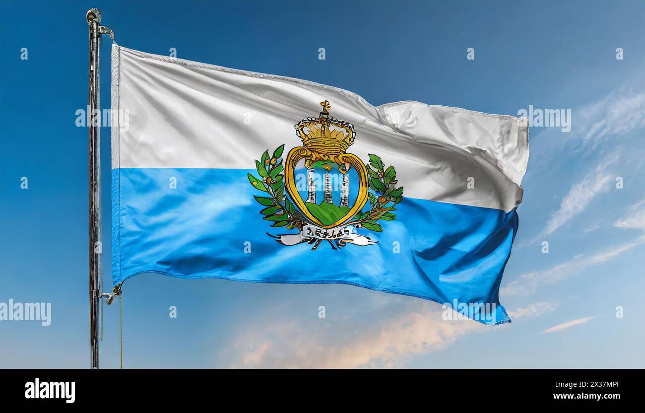 Fahnen, die Nationalfahne von San Marino flattert im Wind Stock Photo ...
