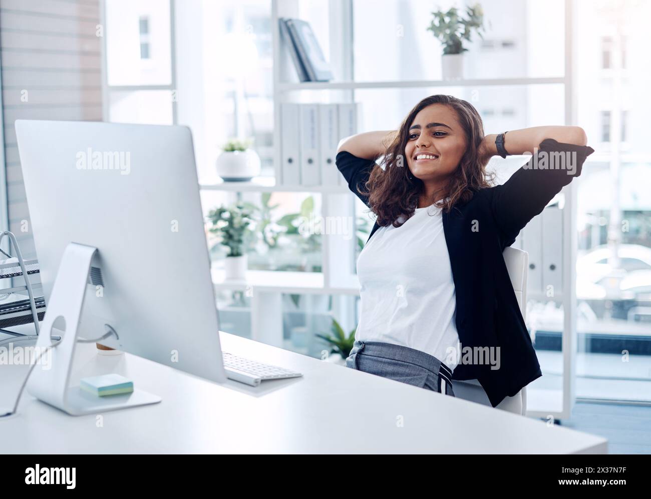 Happy woman, relax and break with computer for rest, done or completion ...