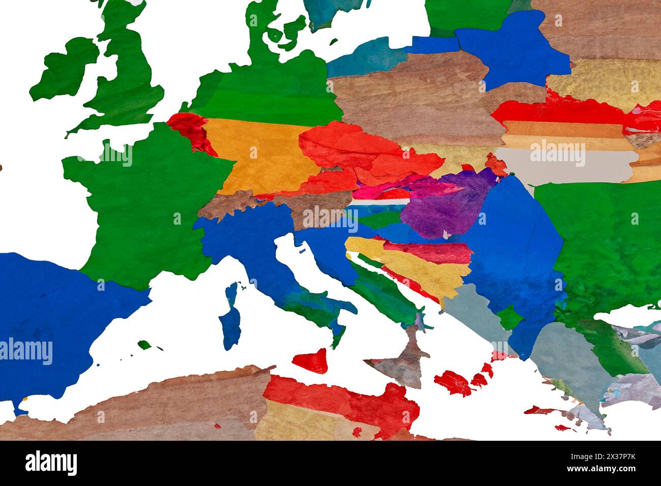 Map of Europe with the countries composed with colored pieces of paper ...