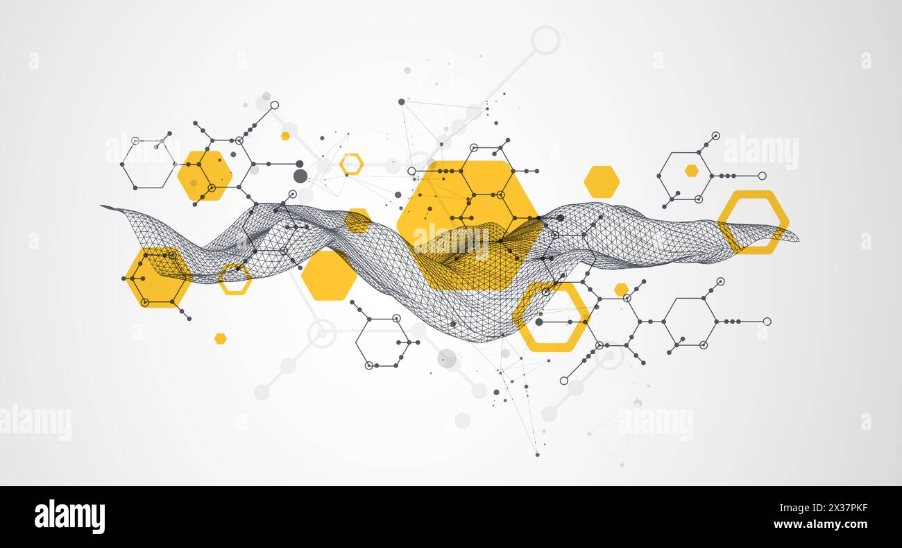 Scientific and technological background. Wireframe wave with hexagons ...