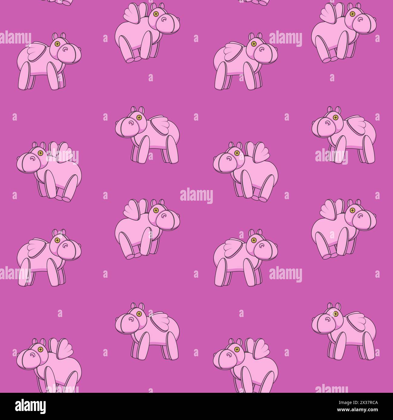 Seamless pattern with pink toy hippo with wings. Colored vector ...