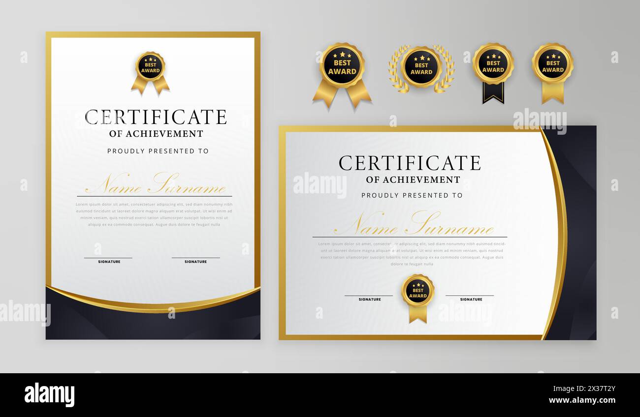 Black and gold certificate of achievement border with luxury badge and ...