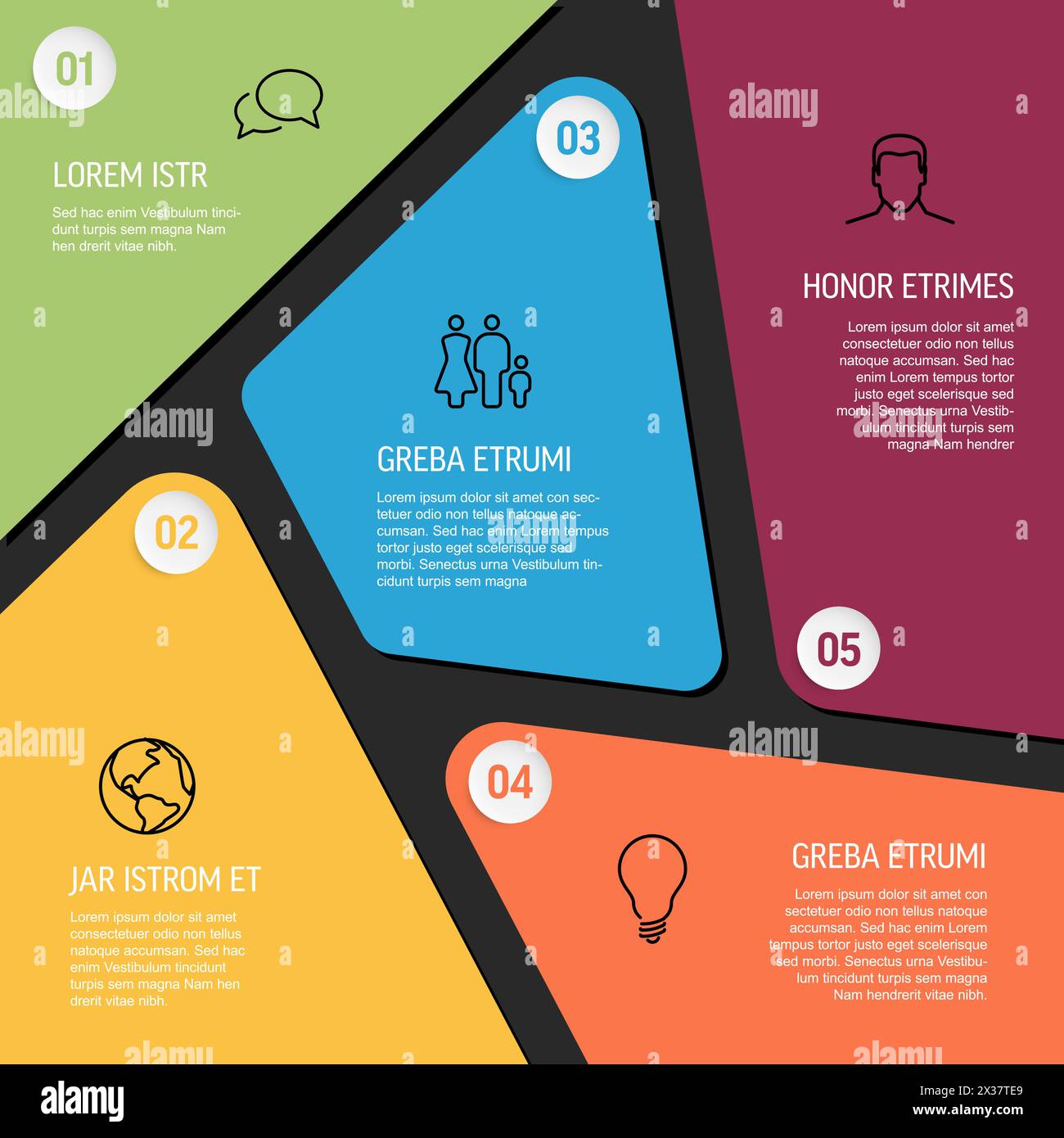 Abstract schema template with five pastel color sections or progress ...