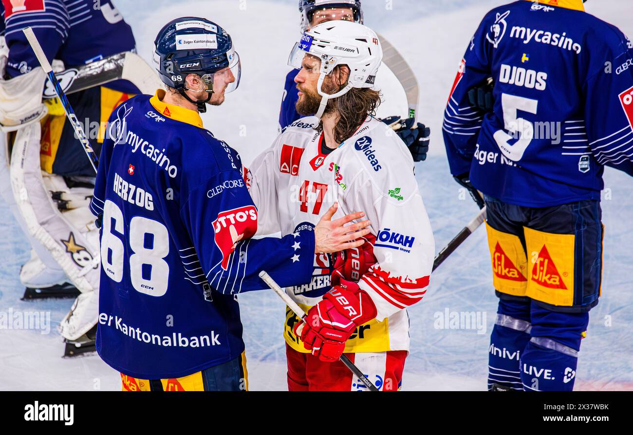 Handshake zwischen dem Zuger #68 Fabrice Herzog und dem Rapperswiler ...