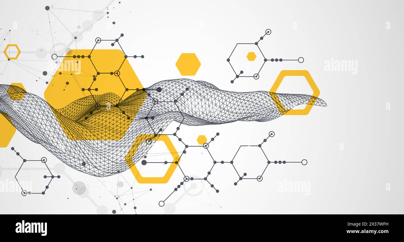 Scientific and technological background. Wireframe wave with hexagons ...