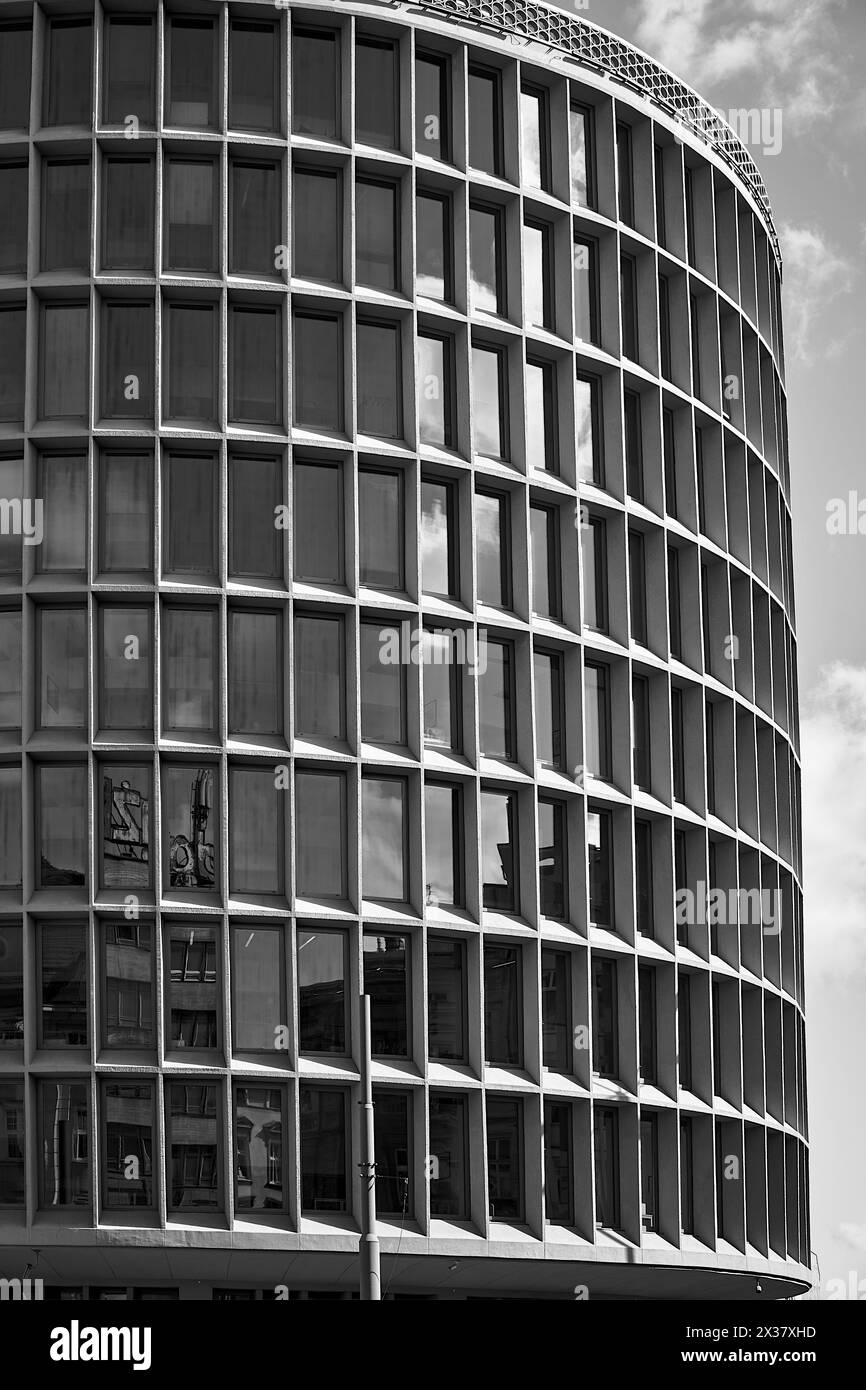 historic, modernist building in the shape of a cylinder in Poznan ...
