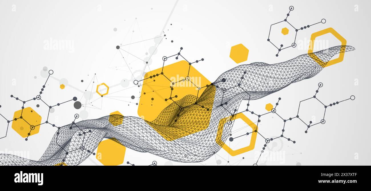 Scientific and technological background. Wireframe wave with hexagons ...